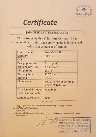 Certificates - Titanium for contracting company